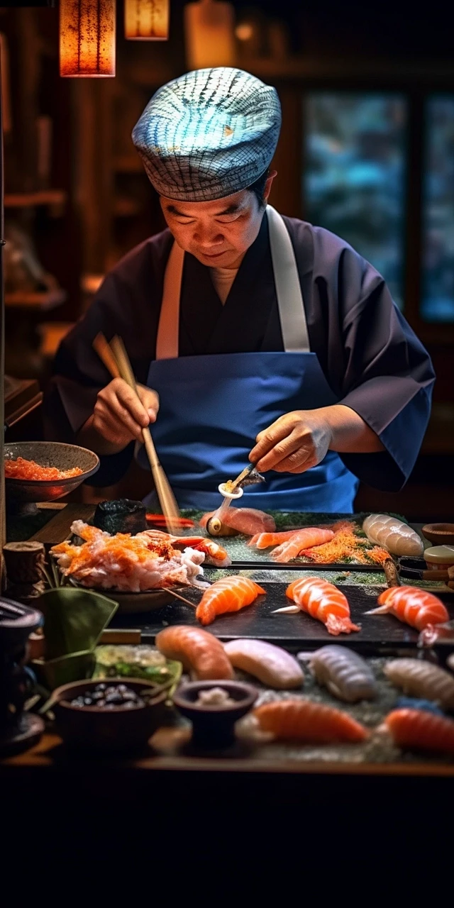 a well disciplined master sushi chef preparing an elaborate sushi meal-花瓣网