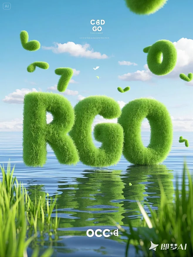 jimeng-2025-01-20-716-C4D，绿色““““RG0””””字体设计，毛绒材质，飘在空中，水面，居中构图，前景是草，设计感 ...