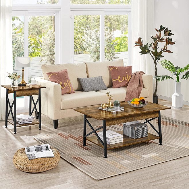 Amazon.com: Yaheetech Industrial Living Room Table Sets, Coffee Table ...