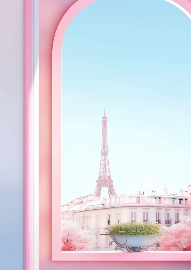 a pink frame with an eiffel tower over her eye, in the style of windows ...