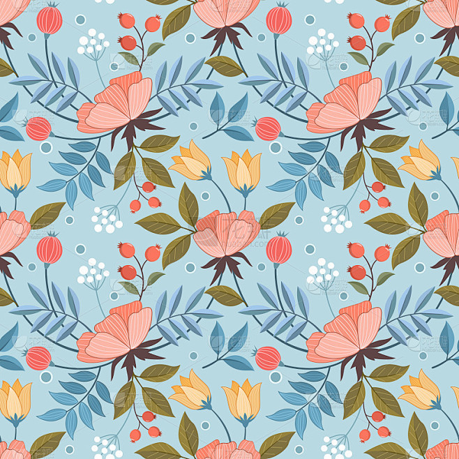 Colorful hand draw flowers seamless pattern for fa