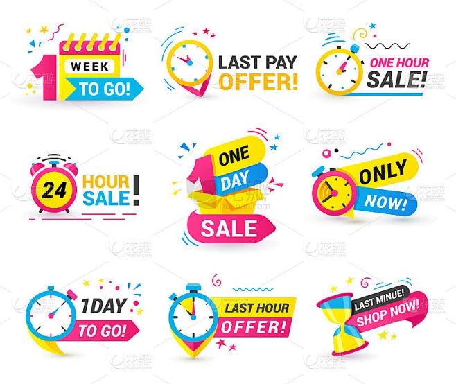 Countdown badges set. One hour, day sale, 1 week t素材-花瓣网
