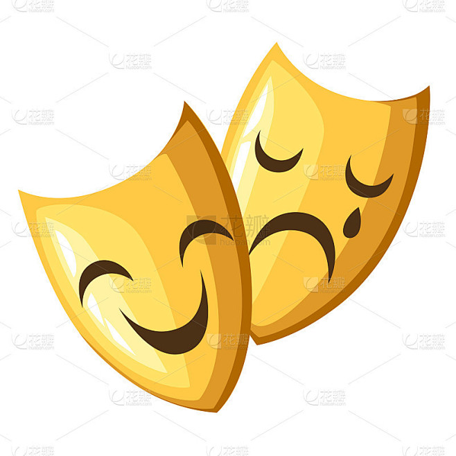 两个古希腊传统面具。黄金戏剧面具喜剧和悲剧。卡通风格的设计。矢量插图孤立在白色背景。网站页面和移动应