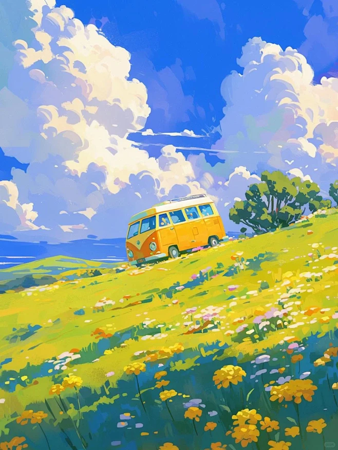 MJ｜AI生成露营车春天野营插画背景春分节气 - 小红书