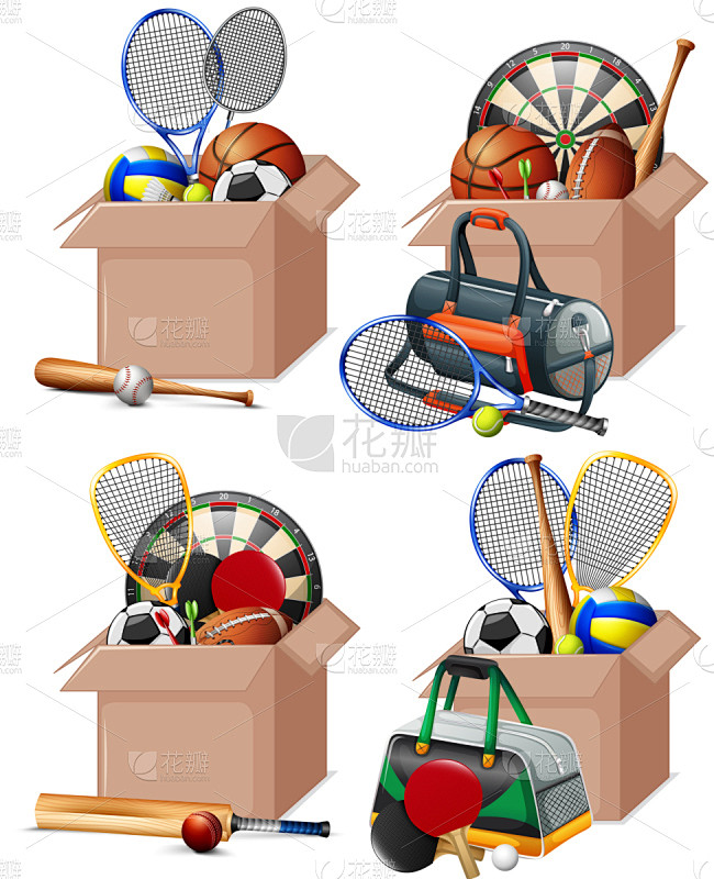 set boxes full sport equipments on white