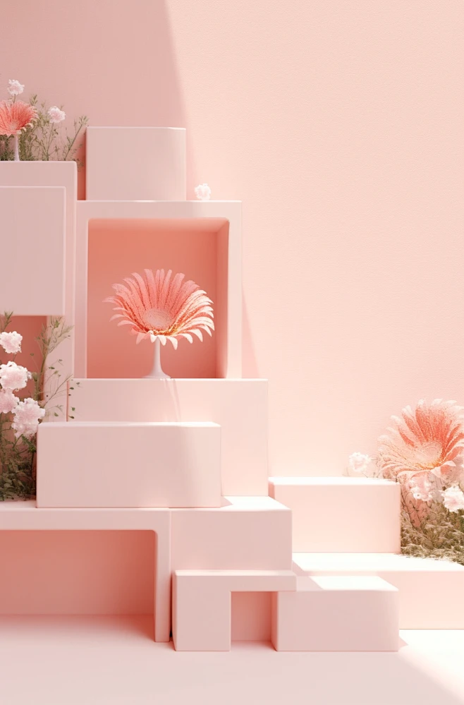 a pink backdrop with flower boxes beside an empty shelf, in the style ...