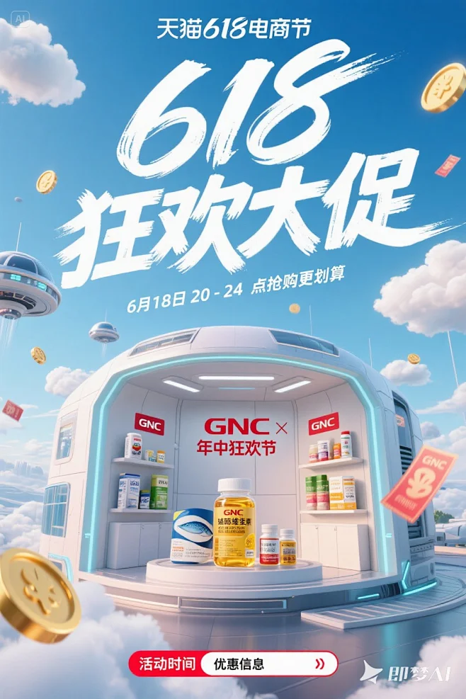 jimeng-2025-05-26-58-这是一张GNC保健品品牌天猫618电商促销海报。构建一个未来感的创意空中飞船的建筑，外观和内部空间融入GNC品牌保健品（鱼油，辅酶，维生素，男女营养包 ...