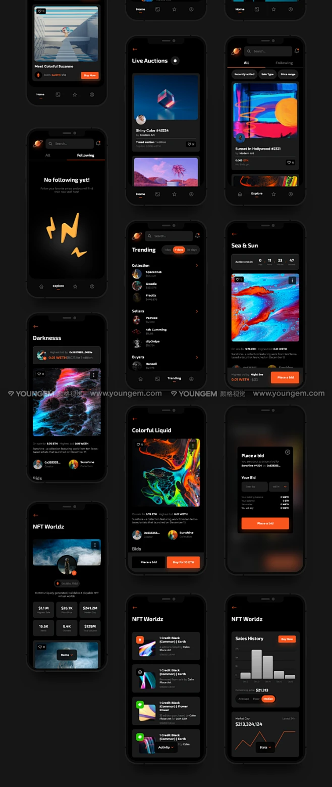 31屏简洁的NFT市场应用iOS手机app用户界面国外设计素材下载_颜格视觉-花瓣网