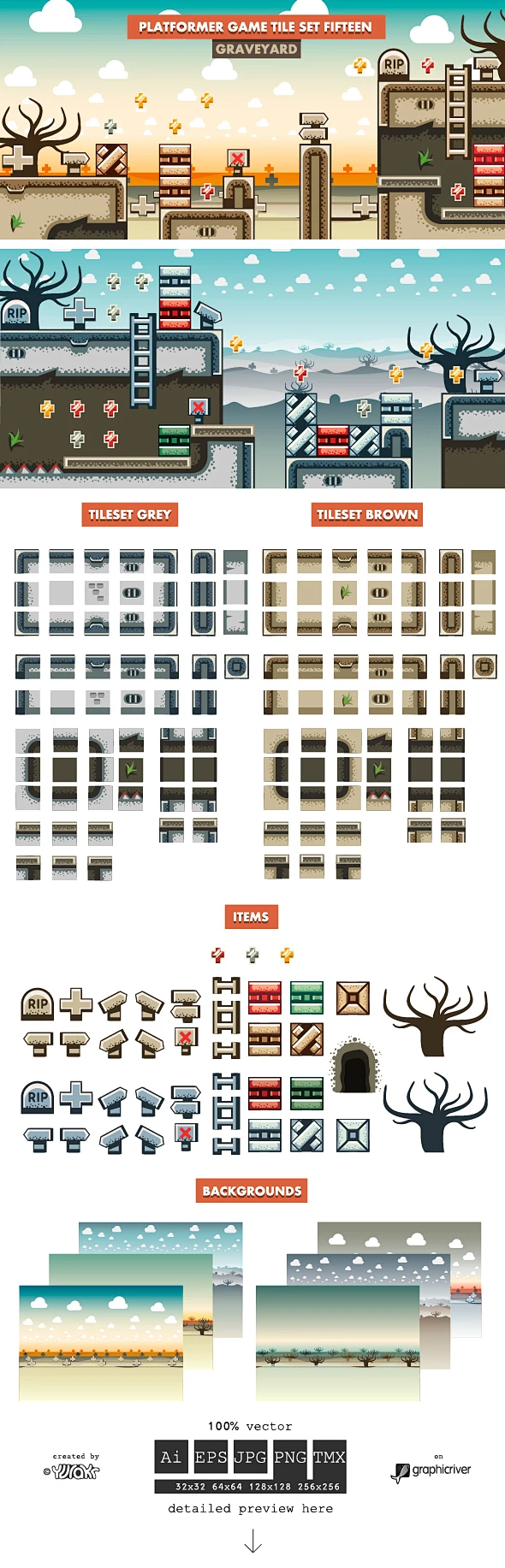 Platformer Game Tile Set "Graveyard" : This is tileset for game ...