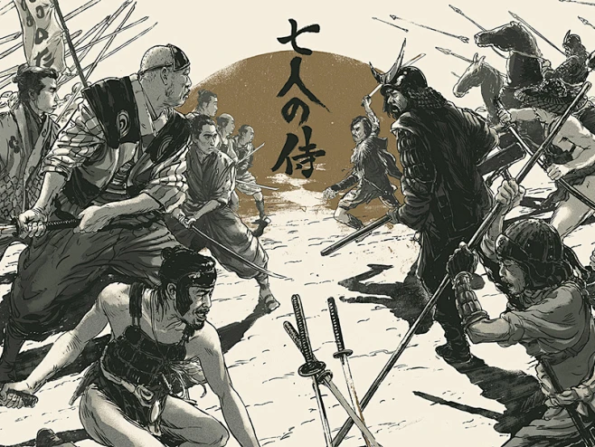 7 Samurai soldiers horses battle samurai people figurative illustration-花瓣网