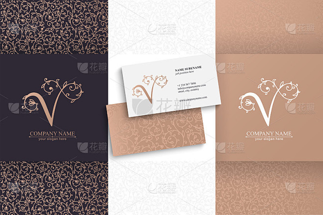 Premium Vector V标志。Monnogram,刻字。无缝模式和名片。精英公司的个人标志或