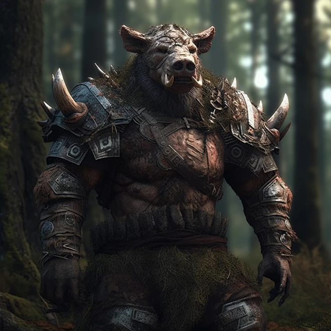 B_A_fierce_boar_man_tusks_protruding_body_armor_in_the_forest_39ac5912 ...