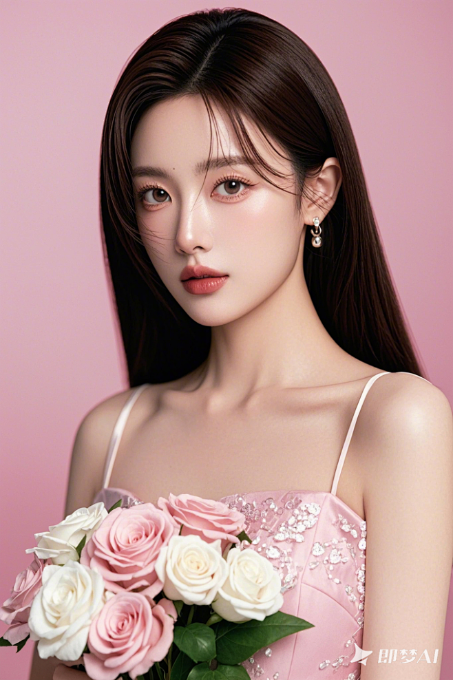 摄影人像，写真，半身照，头上2厘米空白，精致五官，东方面孔的美女，柔和的眼神、淡粉色礼服、手捧鲜花，直发，高级滤镜，简单背景，景深，粉色渐变 ...