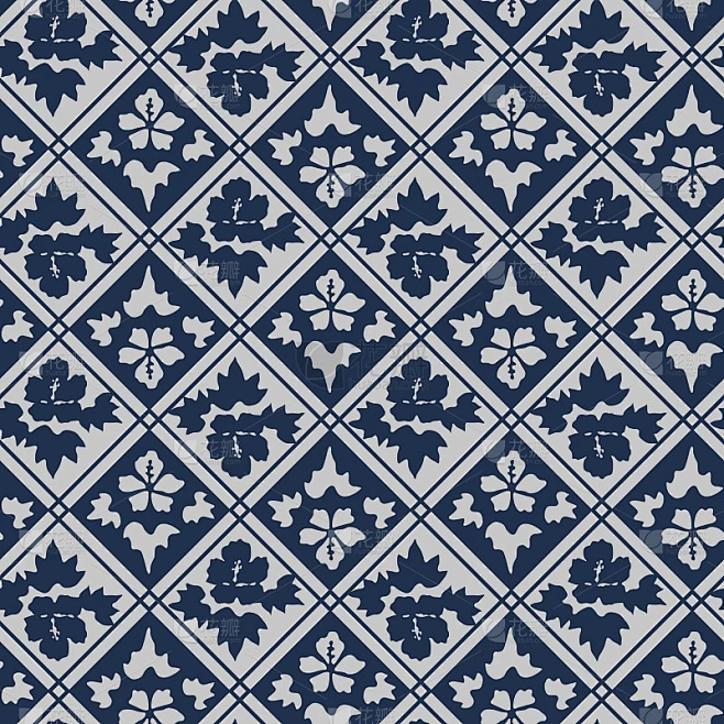 Japanese Hibiscus Flower and Leaf Seamless Pattern素材-花瓣网