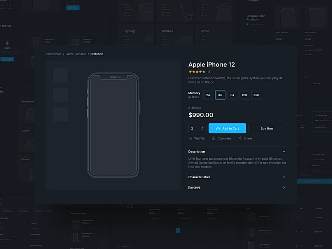 Wirekit: E-commerce black design card product clean design custom dark ...