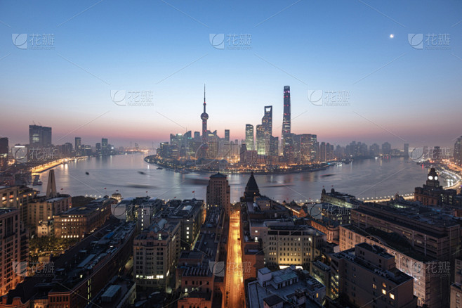 高视角,陆家嘴,上海,城市天际线,黎明,天空,未来,水平画幅,无人,黄浦江