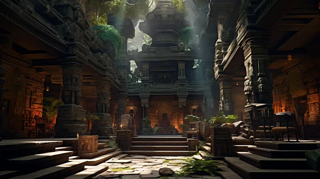 a massive ancient triple storied Hindu library with huge carved stone ...