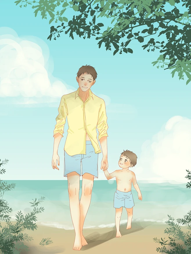 唯美亲子画面父亲节插画-花瓣网