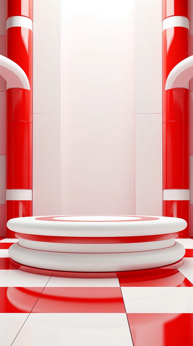 White and red podium with red and white checkerboard tiles ...