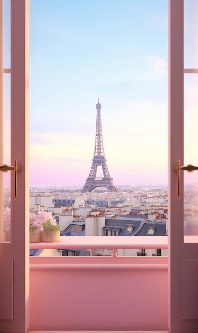 The eiffel tower is in view from a window in paris, in the style of light pink, physically based ...