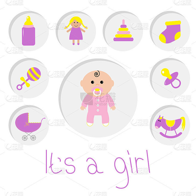 Its a girl. Baby girl shower card. Bottle, horse,
