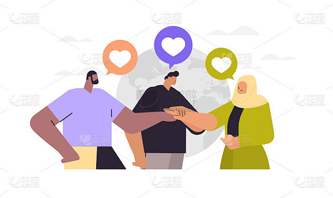 不同种族的人手拉手，朋友站在一起，支持团队合作，多元文化的社会理念