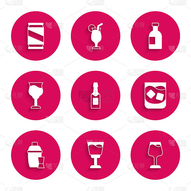设置香槟瓶，葡萄酒杯，威士忌酒杯，鸡尾酒调酒器，伏特加和啤酒罐图标。向量