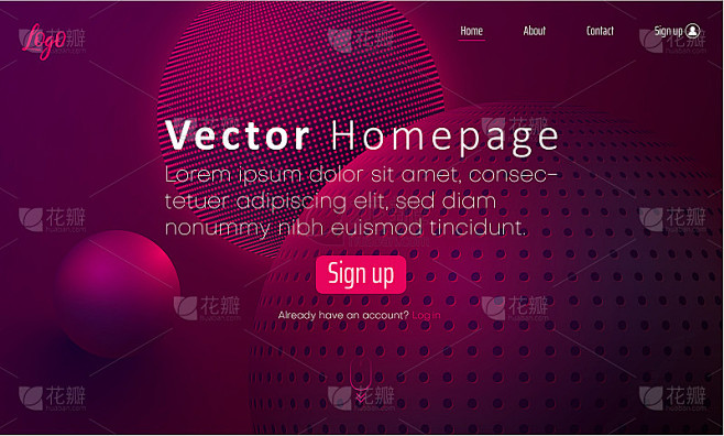 Pink web homepage template with icons and 3d balls