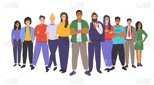 多文化人群。不同种族和文化的人。卡通人物设置在平面设计风格。向量