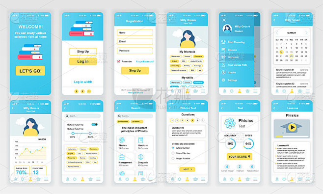 Set of UI, UX, GUI screens Education app flat desi