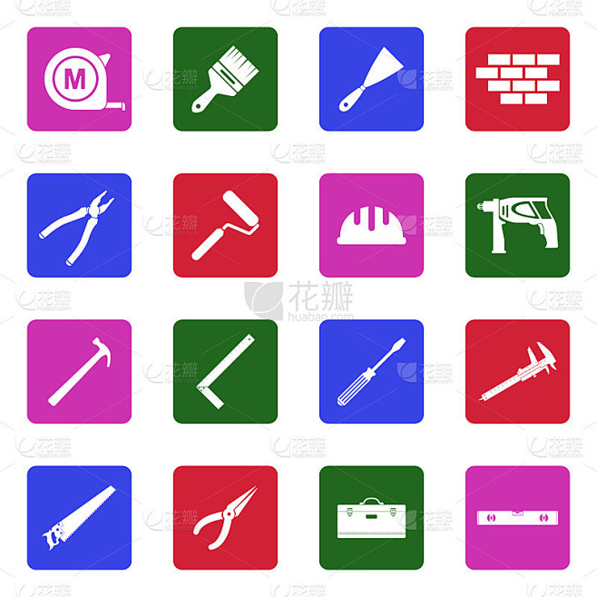 Builder Tools Icons. White Flat Design In Square.