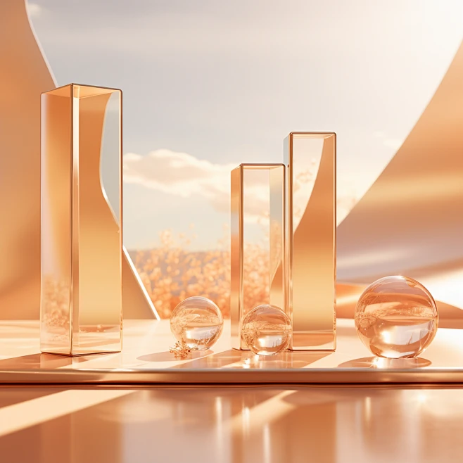 Light gold background, glass booth, ray tracing, soft, dreamy landscape ...