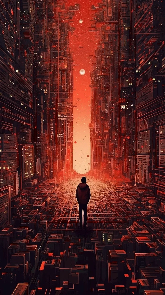 one man in the middle of a dark urban city, in the style of dark beige ...