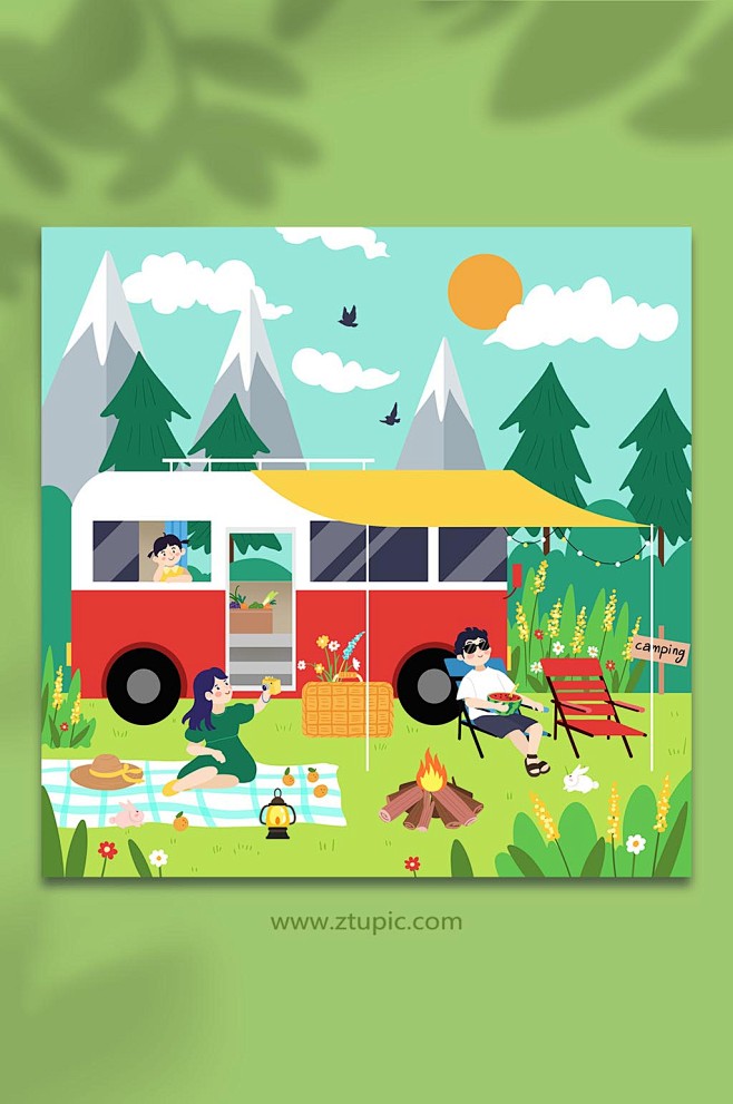 扁平化风格卡通人物旅游郊游露营原创插画-众图网