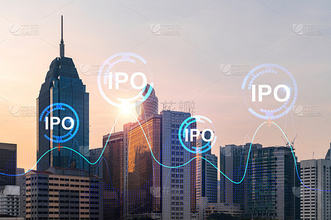 首次公开募股(IPO)的发光图标全息图，日落吉隆坡全景城市。吉隆坡是亚洲马来西亚跨国公司的金融中心。