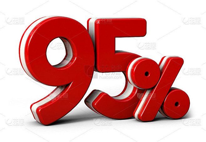 95%是红色的。孤立在白色背景上。特价九折优惠标签。3 d渲染。95％