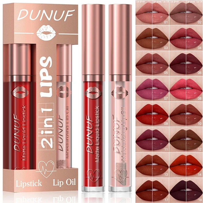2 in 1 Lip Gloss Set Lip Oil Make-up for Women Waterproof Long Lasting ...
