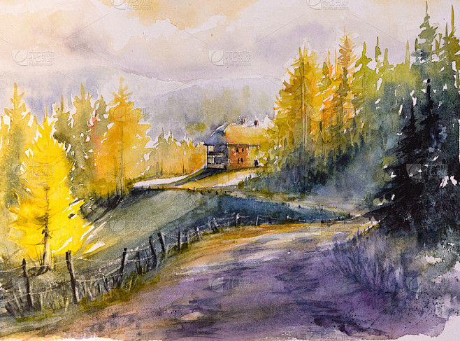 秋天的山水水彩画