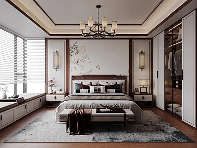 新中式卧室3D模型-花瓣网