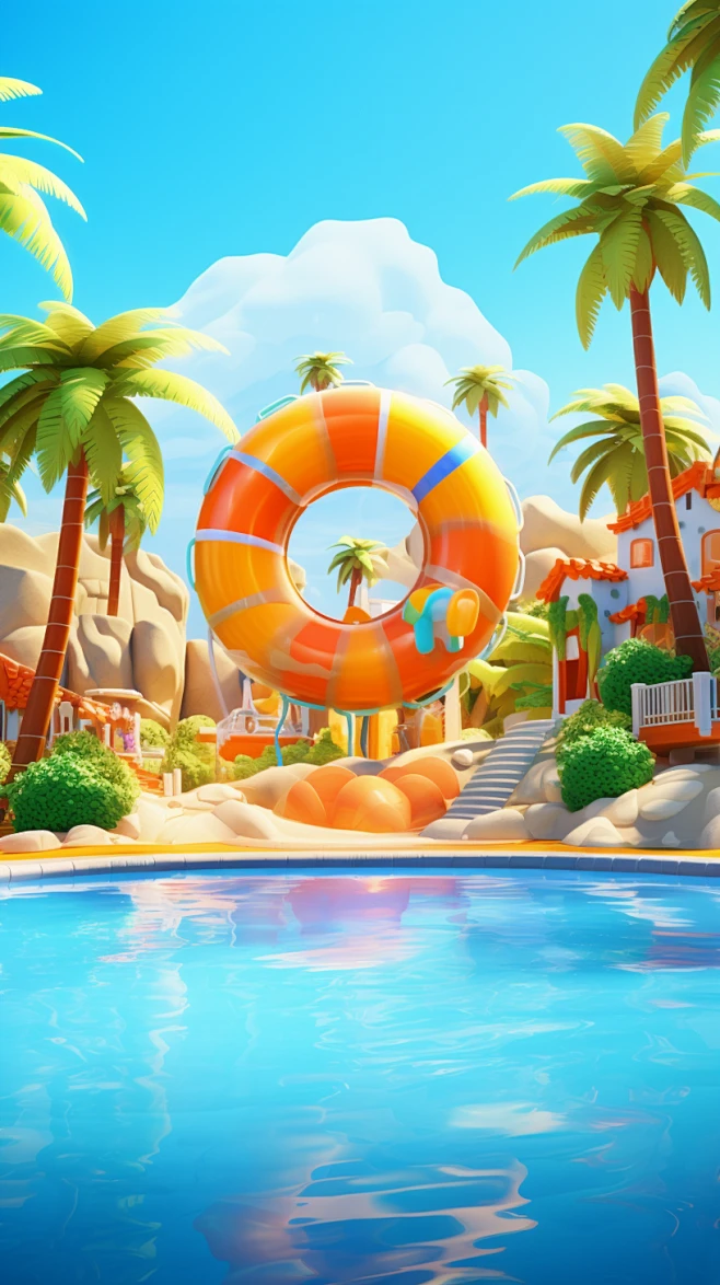 mj06661_3D_cartoon_outdoor_pool_with_swimming_rings_and_palm_tr ...