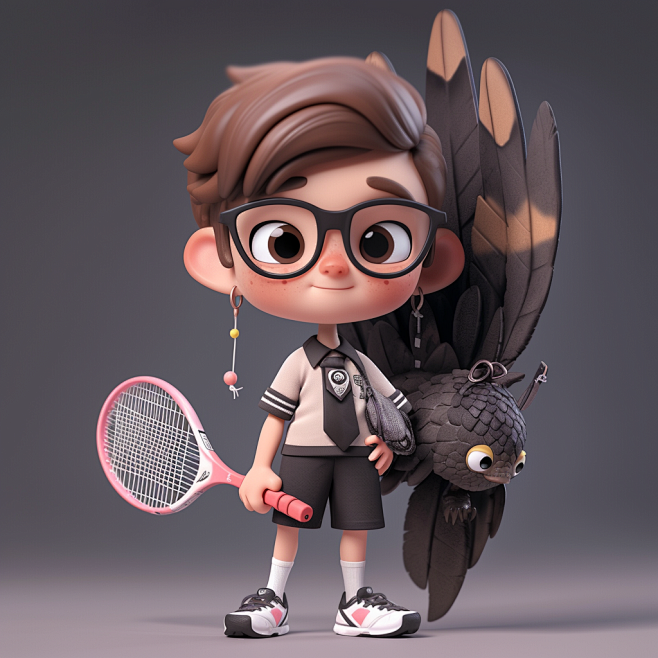 fullbody 3d artwork of super cute Little boy with badminton, a black ...