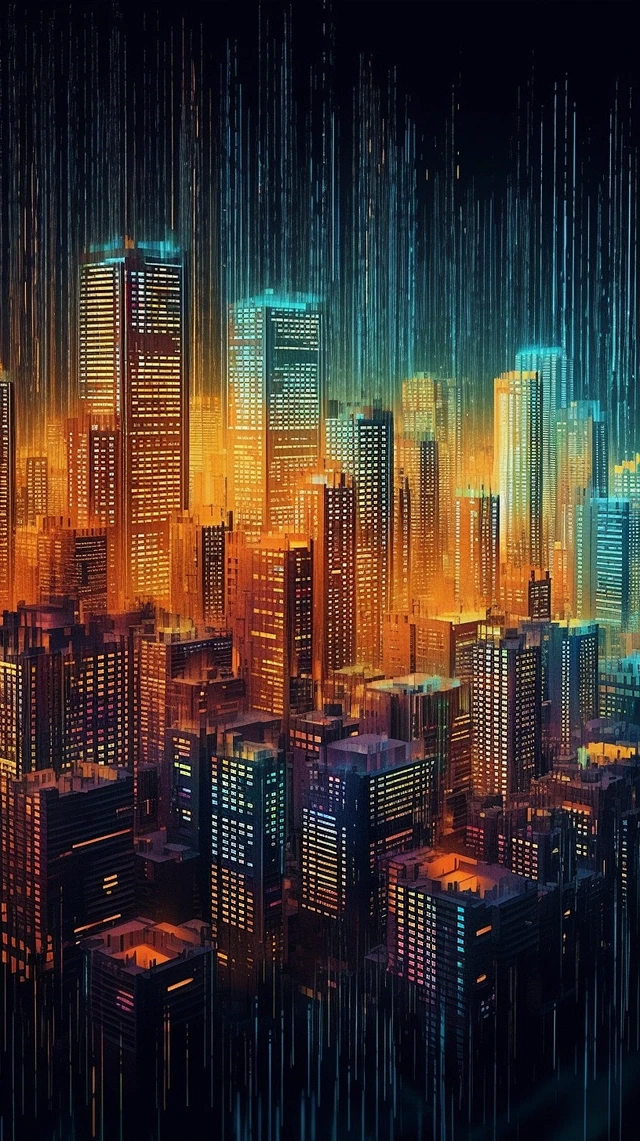 cyberpunk paper quilling cityscape made of digital binary barcode data ...