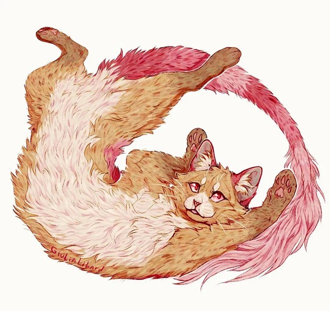 Giulialibard 作品的主题大多是猫狗狮虎等等动物，灵动飘逸的体态，还有对毛发的独特画法，给人软绵蓬松的感觉。