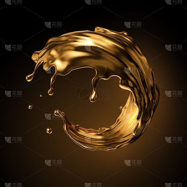 3d渲染，圆形金色液体飞溅，金属波浪，漩涡，化妆油，金色飞溅剪辑艺术，艺术绘画，抽象设计元素孤立在黑