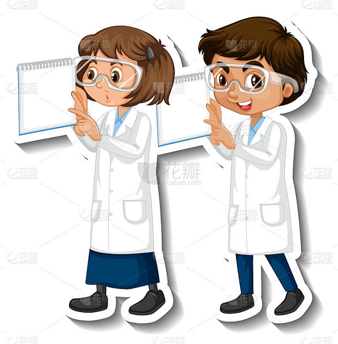 科学家夫妇的孩子拿着板空卡通人物贴纸