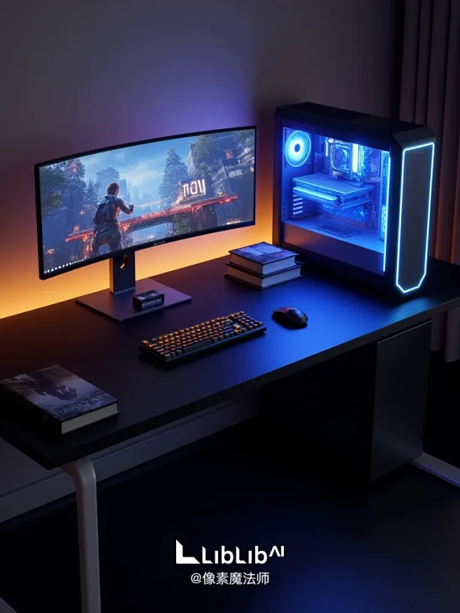 F1电脑办公桌桌面：3C笔记本台式电脑桌面室内场景-LoRA-像素魔法师-LiblibAI-花瓣网