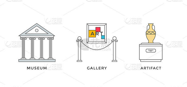 博物馆图标集设计。艺术画廊展览