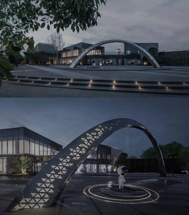 宜春阳光城正荣·翡丽江悦 探月广场 通过大尺度的景观构架，形成主题广场的地标。并结合IP形象，增强叙事感和故事性。构架结合水景与灯光呈现出探月 ...