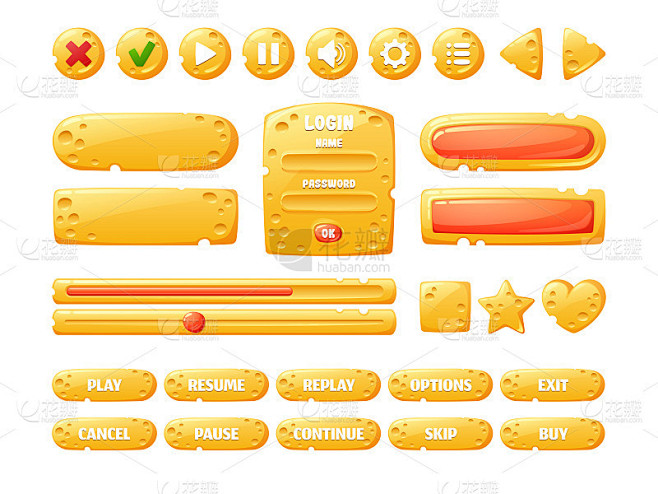 乳酪游戏ui按钮，卡通菜单界面