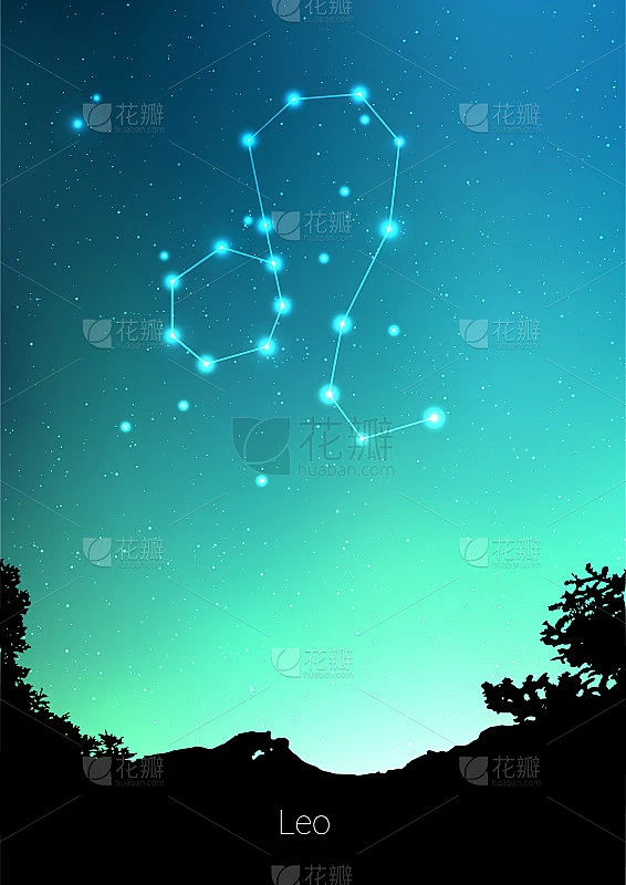 狮子座星座与森林景观剪影在美丽的星空与银河和后面的空间。狮子座星座的象征星座在深宇宙背景。名片设计素材-花瓣网